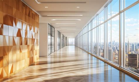 Modern Office Corridor With Panoramic City Views And Wooden Wall Design