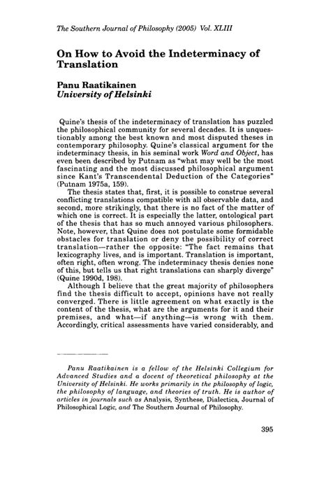 Pdf On How To Avoid The Indeterminacy Of Translation