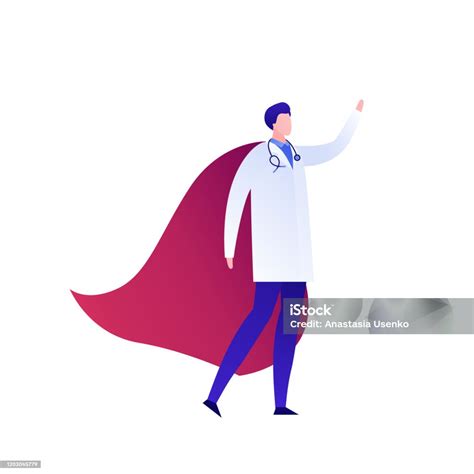 벡터 현대 평면 슈퍼 히어로 사람 그림입니다 흰색 배경에 고립 된 빨간 망토와 균일 한 망토에 남성 의사 의료 배너 의료 포스터 클리닉을위한 디자인 요소 슈퍼히어로에 대한