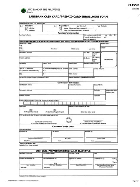 Landbank Cash Card Prepaid Card Enrollment Form Pdf