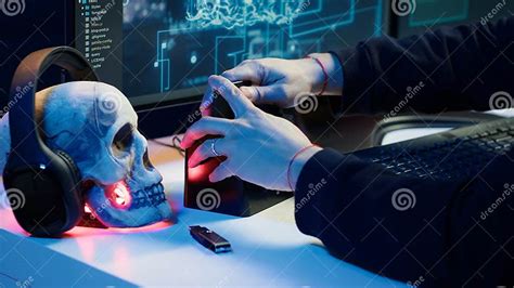 hacker uploading script on ssd that can launch ddos attacks on any website stock image image