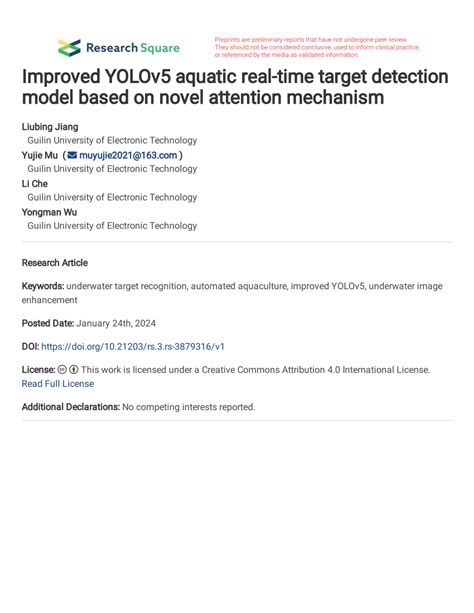 Pdf Improved Yolov5 Aquatic Real Time Target Detection Model Based On