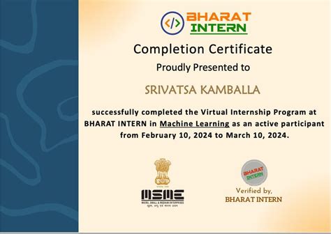 Graduated From Bharat Intern In Machine Learning Srivatsa Kamballa