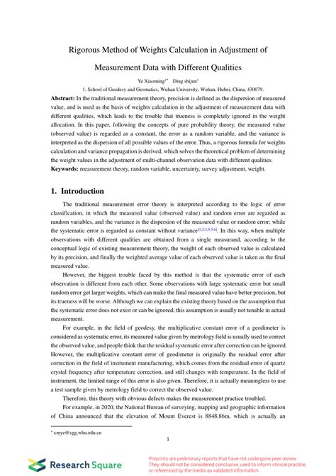 Pdf Rigorous Method Of Weights Calculation In Adjustment Of Measurement Data With Different