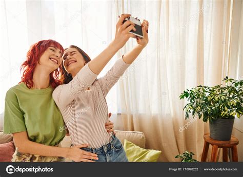 Home Photo Session Happy Lesbian Couple Taking Selfie Retro Camera