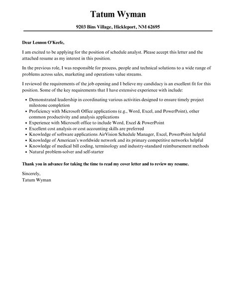 Schedule Analyst Cover Letter Velvet Jobs