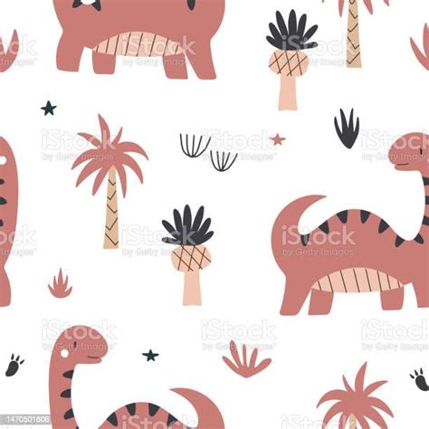 벡터 손으로 그린 다채로운 매끄러운 반복 아기 패턴은 귀여운 공룡과 보육원과 섬유 장식을 위한 스칸디나비아 스타일의 질감입니다 공룡에 대한 스톡 벡터 아트 및 기타 이미지