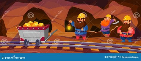 Dwarfs Mining Gold Ore In An Old Cave Fantasy Game Vector Background Stock Vector