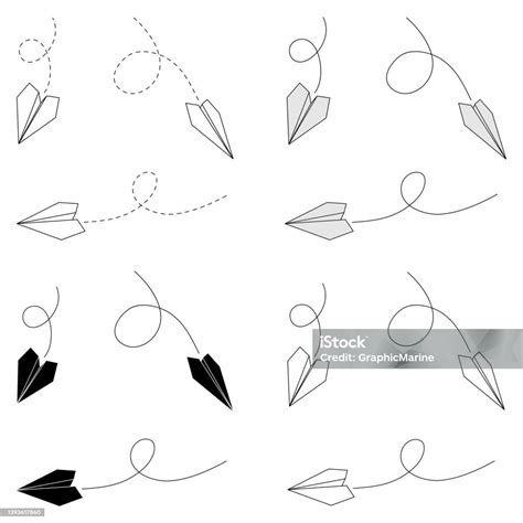 종이 평면 아이콘의 세 가지 유형 벡터 그림 집합입니다 흰색 배경에 고립 된 심플한 실루엣과 컬러 공예 종이 비행기를 윤곽 여행 및 경로의 아이콘 기호입니다 개념에 대한