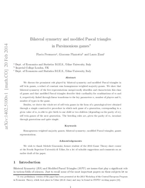 Pdf Bilateral Symmetry And Modified Pascal Triangles In Parsimonious Games