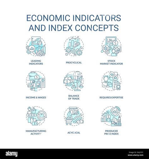 Economic Indicators And Index Turquoise Concept Icons Set Stock Vector