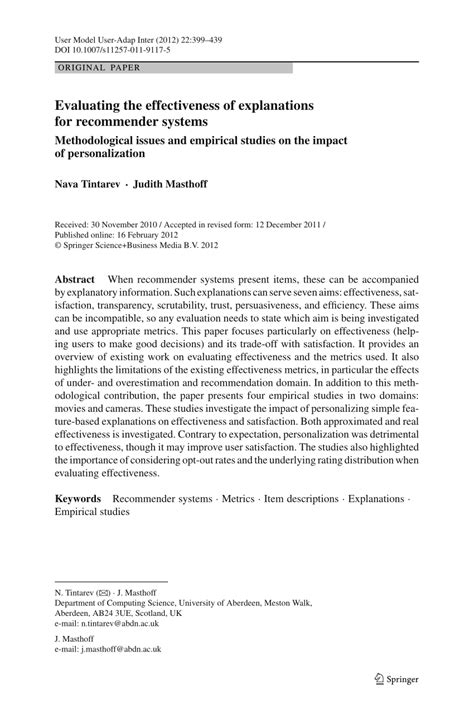 Pdf Evaluating The Effectiveness Of Explanations For Recommender Systems