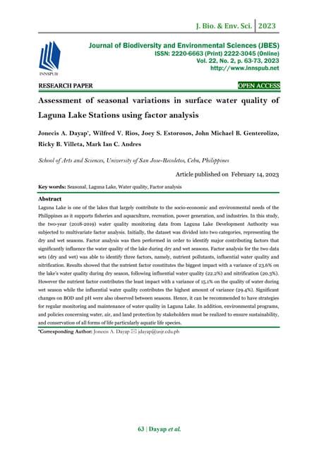 Assessment Of Spatial Variations In Surface Water Quality Of Laguna