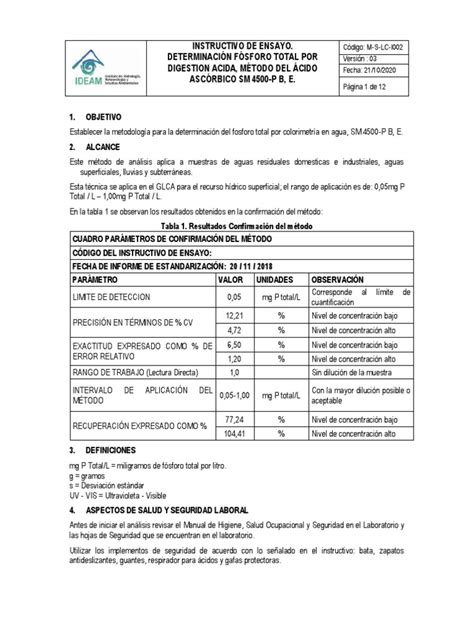 M S Lc I002 Instructivo De Ensayo Determinación Ffósforo Total Por