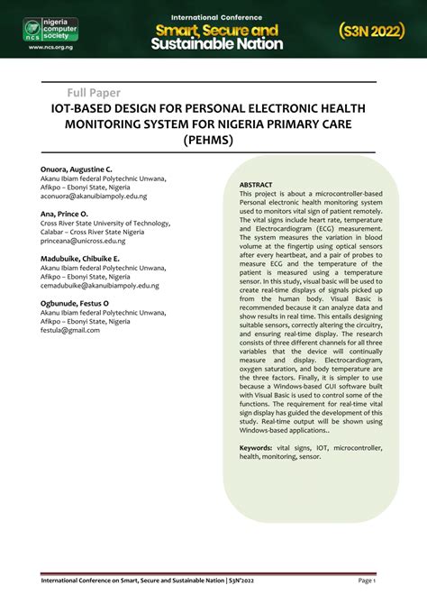 PDF Full Paper IOT BASED DESIGN FOR PERSONAL ELECTRONIC HEALTH MONITORING SYSTEM FOR NIGERIA