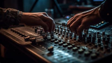 expert sound engineer adjusting mixing equipment at nightclub generated