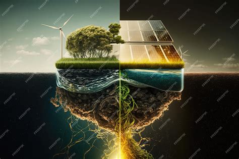 Premium Photo Ai Generated Solar Panels Wind Power Turbines Against Landscape And Blue Sky