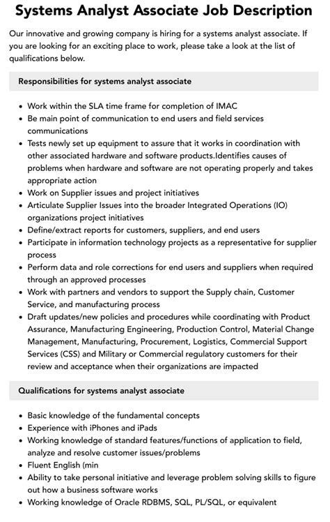 Systems Analyst Associate Job Description Velvet Jobs