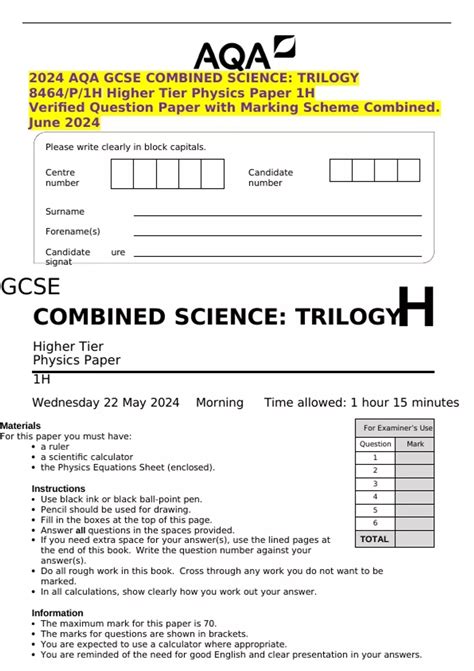 2024 Aqa Gcse Combined Science Trilogy 8464 P 1h Higher Tier Physics Paper 1h Verified Question