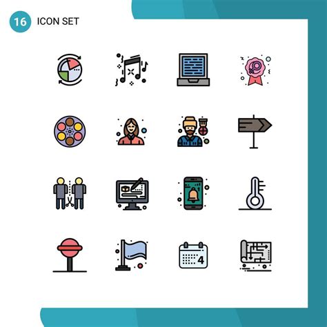 16 User Interface Flat Color Filled Line Pack Of Modern Signs And Symbols Of Reel Film Laptop