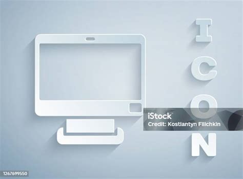 회색 배경에서 격리된 컴퓨터 모니터 화면 아이콘을 용지 잘라냅니다 전자 기기 전면 보기입니다 종이 아트 스타일 벡터 페이퍼커팅에 대한 스톡 벡터 아트 및 기타 이미지