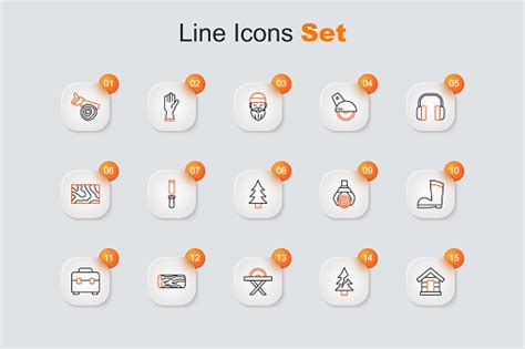 세트 라인 개집 나무 전기 원형 톱 나무 통나무 도구 상자 방수 고무 부츠 그래플 크레인 잡기 및 아이콘 벡터 가루로 빻은에 대한 스톡 벡터 아트 및 기타 이미지 Istock