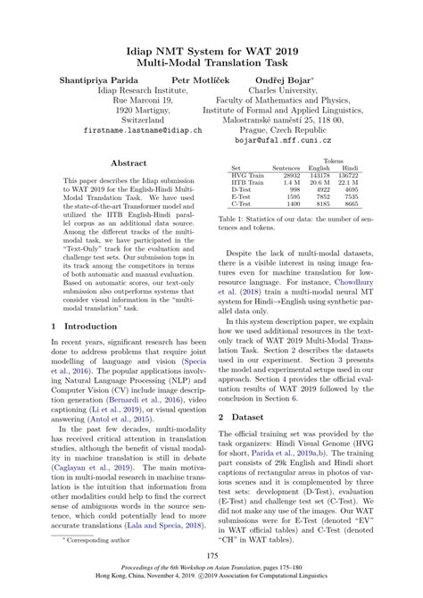 Pdf Idiap Nmt System For Wat 2019 Multimodal Translation Task