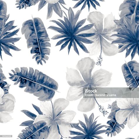 코발트 원활한 이국적인 Azure 패턴 히비스커스 인디고 열대 일러스트레이션 네이비 드로잉 팜 회색 장식 배경 하얀 봄 잎 블루