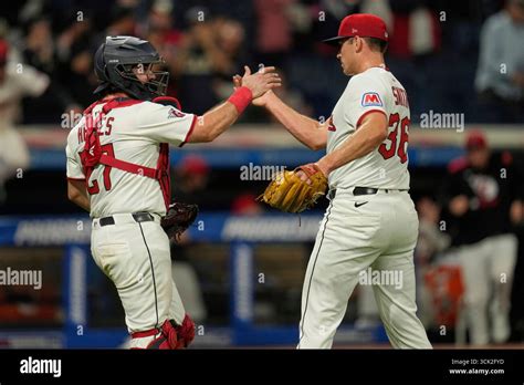 Cleveland Guardians Catcher Austin Hedges 27 And Relief Pitcher Cade Smith 36 Celebrate