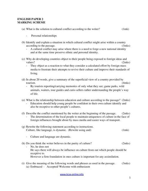 ENGLISH PAPER 2 MARKING SCHEME A What Is KCSE Online
