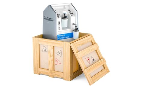 Premium Photo Home Oxygen Concentrator Inside Wooden Box Delivery Concept 3d Rendering