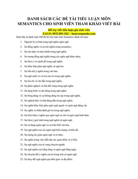 Danh Sách Các Đề Tài Tiểu Luận Môn Semantics Cho Sinh Viên Tham Khảo Viết Bài. | DOCX