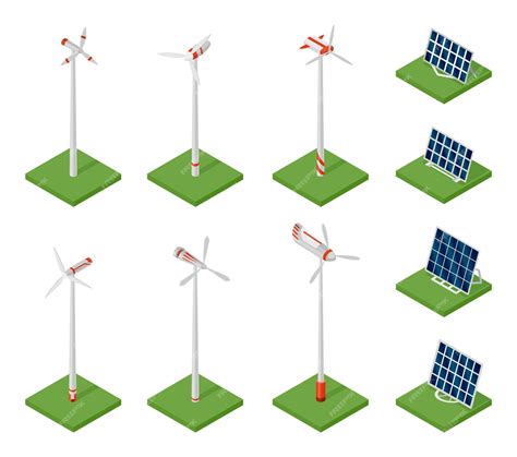 아이소메트릭 태양 전지 패널 및 풍력 터빈 청정 에너지의 개념입니다 깨끗한 생태력 태양과 바람에서 에코 재생 전기 에너지입니다 웹에 대 한 아이콘입니다 태양 전지와
