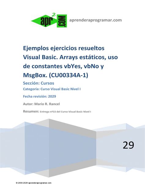 Cu00334a 1 Ejercicios Resueltos Visual Basic Arrays Estáticos Vbyesno Msgbox Pdf Básico