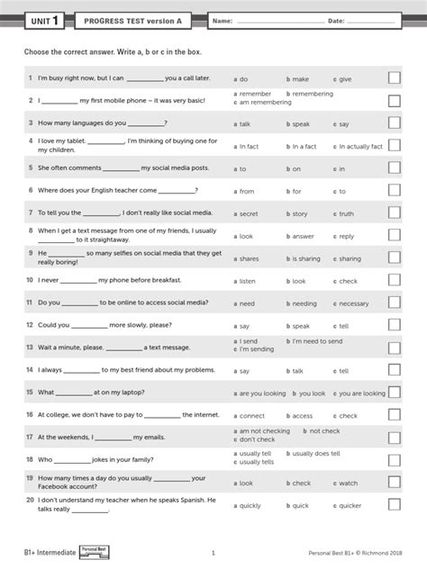 Progress Test Version A Choose The Correct Answer Write A B Or C In