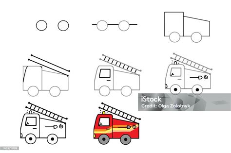 그리기 자습서 자동차를 그리는 방법 추적 할 소방차 단계별로 아이들을위한 교육 게임 자습서에 대한 스톡 벡터 아트 및 기타 이미지 Istock
