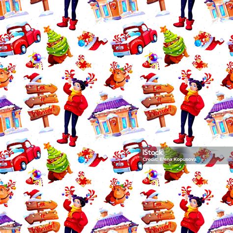 만화 스타일의 창의적인 새해 스티커로 만든 완벽한 새해 배경 소녀 불독 산타 클로스 모자 화살표 픽업 트럭 흰색 배경에 장식 된 크리스마스 하우스에 선물 크리스마스에 대한