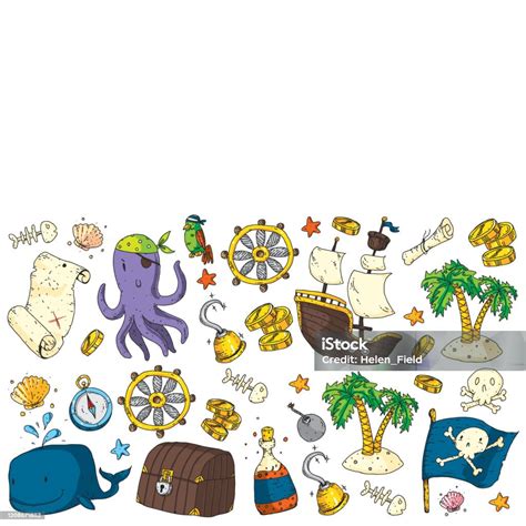 해적 파티 어린 아이들을위한 그림 보물 섬 문어 해적과 함께 하는 어린이 생일 축하 0명에 대한 스톡 벡터 아트 및 기타 이미지 0명 개체 그룹 걸이 장비 Istock