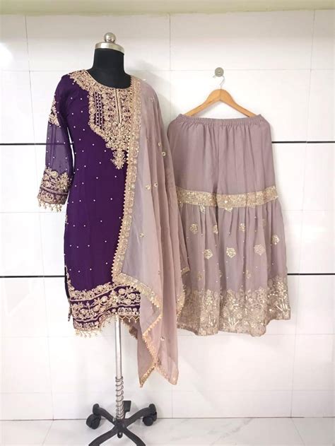 Embroidered Kurta Sharara Set Faux Georgette Pakistani Suit Plus Size