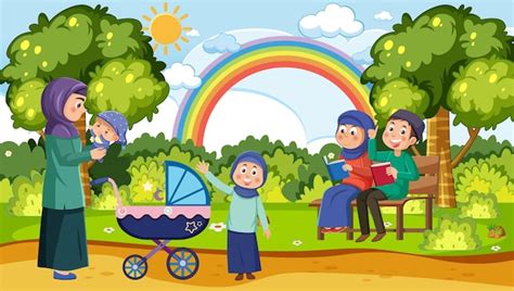 야외 활동을 즐기는 무슬림 가족 프리미엄 벡터