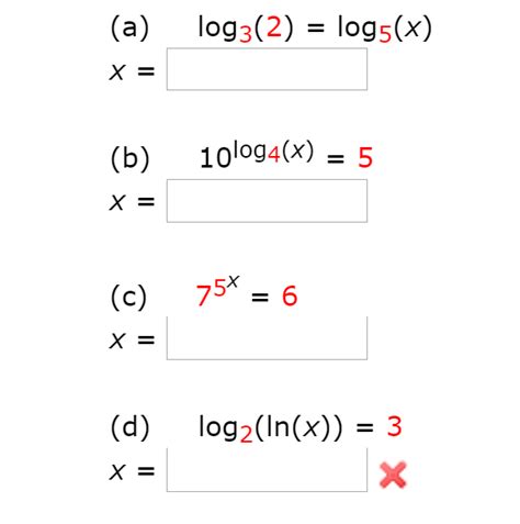 Solved A Log2 Log 5x 3 B 10log4x 5 C 75 6