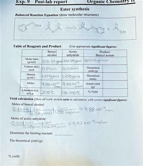 Solved Post Lab Report Organic Chemistry Ester Synthesis Balanced Reaction Equation Draw