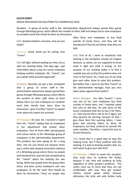 elc270 assessment 3 workplace issue group discussion meeting script