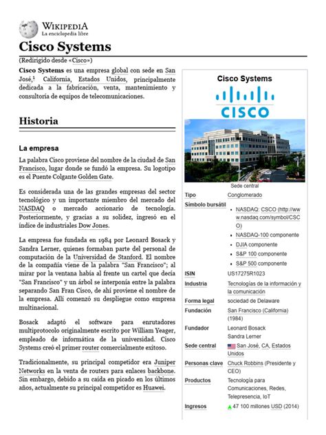 Cisco Systems Wikipedia La Enciclopedia Libre Pdf Ingeniería Informática Tecnologías De