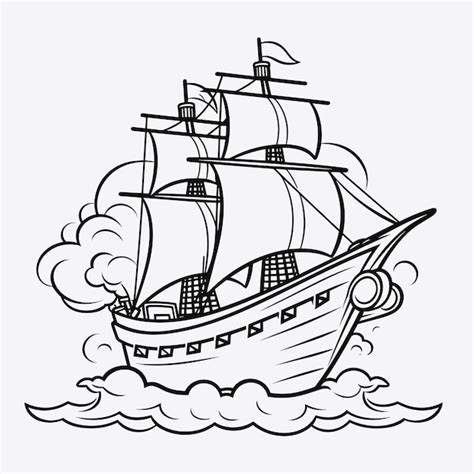 범선 색칠 페이지 흑백 벡터 일러스트 레이 션 프리미엄 벡터