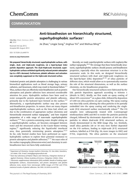 Pdf Anti Bioadhesion On Hierarchically Structured Superhydrophobic Surfaces