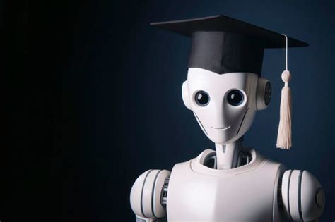 Premium Photo Portrait Of A Humanoid White Robot Wear Graduation Hat On Dark Blue Background