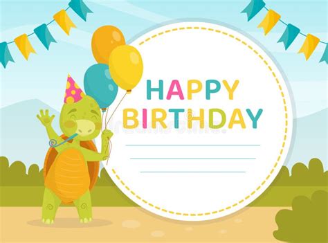 Happy Birthday Card With Cute Turtle In Party Hat Holding Colorful Balloons Cartoon Vector Stock