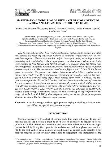 Pdf Mathematical Modelling Of Thin Layer Drying Kinetics Of Cashew Apple Pomace In Hot Air