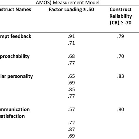 summary of confirmatory factor loadings construct reliability and